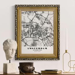 Bilderwelten Bild mit Barockrahmen Antik Weltkarte modern Barock schwarz weiss - Stadtplan Amsterdam - Klassik - Niederlande Jugendzimmer