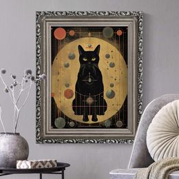 Gerahmtes Leinwandbild Schwarze Katze Universum Collage