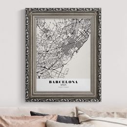 Bilderwelten Bild mit Barockrahmen Antik Weltkarte modern Barock schwarz weiss - Stadtplan Barcelona - Klassik - Skylines Jugendzimmer