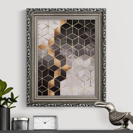 Bilderwelten Leinwandbild mit Barockrahmen Schwarz Wei&szlig; goldene Geometrie