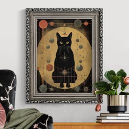 Bilderwelten Leinwandbild mit Barockrahmen Schwarze Katze Universum Collage