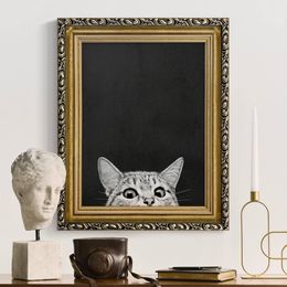 Bilderwelten Leinwandbild mit Barockrahmen Illustration Katze Schwarz Wei&szlig; Zeichnung