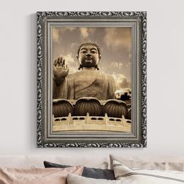 Bilderwelten Bild mit Barockrahmen Antik Spirituell Motiv Barock beige - Gro&szlig;er Buddha Sepia - Buddha Wohnzimmer Schlafzimmer