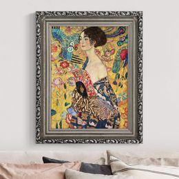 Bilderwelten Leinwandbild mit Barockrahmen Gustav Klimt - Dame mit F&auml;cher