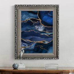 Bilderwelten Leinwandbild mit Barockrahmen Goldene Glitzer Wellen vor Blau