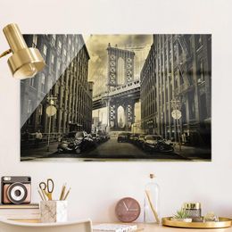 Glasbild Schwarz-Wei&szlig; Manhattan Bridge in America