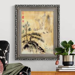 Bilderwelten Leinwandbild mit Barockrahmen Japanische Aquarell Zeichnung Zedern und Berge