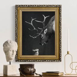 Bilderwelten Bild mit Barockrahmen Antik Tiere modern Aquarell schwarz weiss - Illustration Hirsch und Hase Schwarz Wei&szlig; Malerei - Hirsch Jugendzimmer