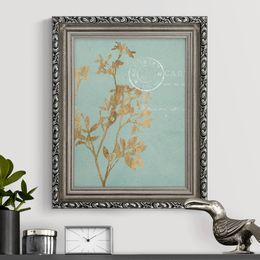 Bilderwelten Bild mit Barockrahmen Antik Vintage Barock t&uuml;rkis - Goldene Bl&auml;tter auf Turquoise I - Pflanzen Wohnzimmer Schlafzimmer