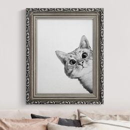 Bilderwelten Leinwandbild mit Barockrahmen Illustration Katze Zeichnung Schwarz Wei&szlig;
