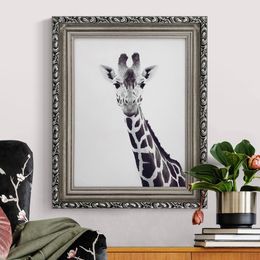 Bilderwelten Bild mit Barockrahmen Antik Tiere Motiv Barock schwarz weiss - Giraffen Portrait in Schwarz-wei&szlig; - Giraffen Wohnzimmer Schlafzimmer
