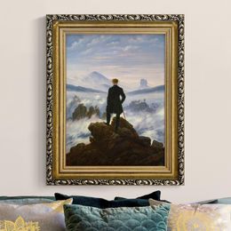 Bilderwelten Bild mit Barockrahmen Antik Natur modern Barock blau - Caspar David Friedrich - Der Wanderer &uuml;ber dem Nebelmeer - Berg Wohnzimmer Schlafzimmer