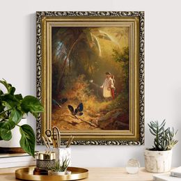 Bilderwelten Bild mit Barockrahmen Antik Natur modern Barock gr&uuml;n - Carl Spitzweg - Der Schmetterlingsf&auml;nger - Palme Wohnzimmer Schlafzimmer