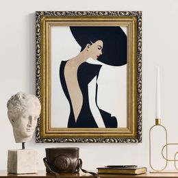 Bilderwelten Bild mit Barockrahmen Antik Portrait Illustration Barock blau - Dame mit Hut in Dunkelblau - edle Optik Wohnzimmer Schlafzimmer