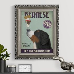 Bilderwelten Bild mit Barockrahmen Antik Tiere Vintage Barock t&uuml;rkis - Berner Sennenhund mit Eis - Retro Wohnzimmer Schlafzimmer