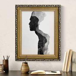 Bilderwelten Bild mit Barockrahmen Antik originell modern Aquarell schwarz weiss - Er - edle Optik Wohnzimmer Schlafzimmer