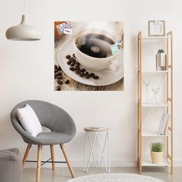 Glasbild K&uuml;che Dampfende Kaffeetasse mit Kaffeebohnen