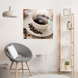 Glasbild K&uuml;che Dampfende Kaffeetasse mit Kaffeebohnen