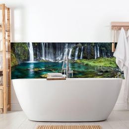 Wasserfeste Wandverkleidung Bad - Shiraito Wasserfall - Wandpaneel statt Fliesen Asia Wald Motiv fugenlose Badr&uuml;ckwand petrol