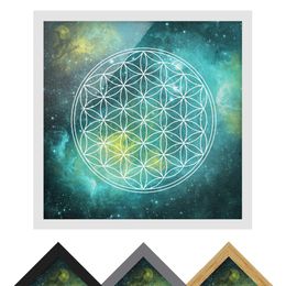 Spirituelles Bild mit Rahmen Blume des Lebens im Licht der Sterne