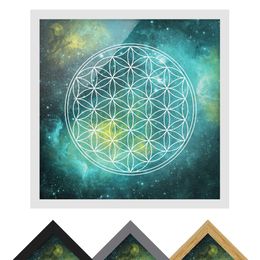 Spirituelles Bild mit Rahmen Blume des Lebens im Licht der Sterne