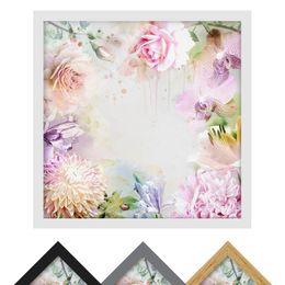 Blumen Bild mit Rahmen Aquarell Bl&uuml;tenmix Pastell