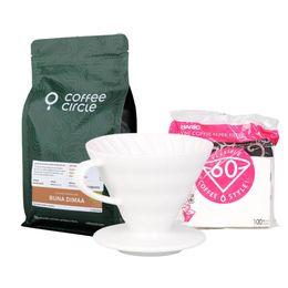 Coffee Circle Hario v60 & Kaffee im Set, 250 g Kaffee nach Wahl, ganze Bohne, Handfilter aus Porzellan, Klassiker aus Japan, inklusive Papierfilter