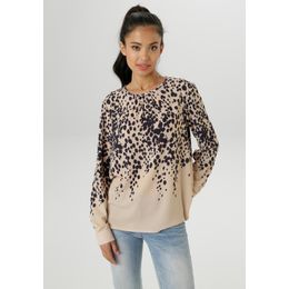 Schlupfbluse Aniston SELECTED, Damen, Gr. 40, blau (sand, marine, lila), Cr&ecirc;pe, Obermaterial: 95% Polyester, 5% Elasthan, bedruckt, gemustert, figurumspielend h&uuml;ftbedeckend, Rundhals, 1-Knopf-Manschette, Blusen Schlupfbluse, mit stilvollem Allover-Tropfenprint - NEUE KOLLEKTION