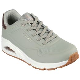 Slip-On Sneaker Skechers "UNO SHIMMER AWAY", Damen, Gr. 36, gr&uuml;n (gr&uuml;n, sage), Lederimitat, kontrastfarbene Details, Schuhe Sneaker, Slipper, Freizeitschuh, Plateausneaker mit modischem Keilabsatz, Topseller