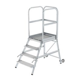 Munk Podesttreppe einseitig mit Rollen & Griffen / Stahl-Gitterrost - 4 Stufen
