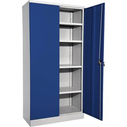 eurokraft basic Stahlschrank Nilas, mit 4 Fachb&ouml;den, HxBxT 1830 x 915 x 421 mm, lichtgrau / enzianblau