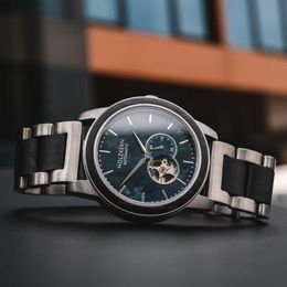 Automatik Herrenuhr Singapur in Schwarz und Silber, Blaues Marmor Ziffernblatt von Holzkern