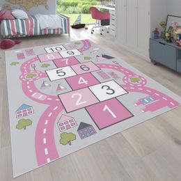 Kinderteppich Paco Home, B:240cm H:4mm L:340cm, pink, Polyester, Teppiche, "Bino 569", Kurzflor, Straßen-Spiel-Teppich & Motiv Hüpfkästchen "Himmel &