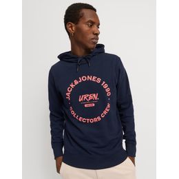 Jack & Jones JACK & JONES Herren Kapuzensweatshirt "JJSIMON SWEAT HOOD", blau, Gr. M, bedruckt, angeraute Sweatware, Obermaterial: 60% Baumwolle, 40% Polyester,
