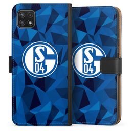 DeinDesign Galaxy A22 5G Handy Klapph&uuml;lle Handyh&uuml;lle aus Kunst Leder schwarz Flip Case Fc Schalke 04 Muster Camouflage Sideflip mit langer Lasche
