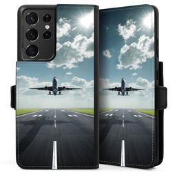 DeinDesign Galaxy S21 Ultra 5G Handy Klapph&uuml;lle Handyh&uuml;lle aus Kunst Leder schwarz Flip Case Wanderlust Airplane Urlaub Sideflip mit Lasche