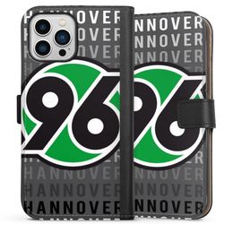 DeinDesign iPhone 13 Pro Max Handy Klapph&uuml;lle Handyh&uuml;lle aus Kunst Leder schwarz Flip Case H96 Hannover 96 Official Licensed Product Sideflip mit langer Lasche