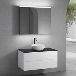 neoro n50 Unterschrank B: 100 cm mit 2 Ausz&uuml;gen, Waschtisch &Oslash; 40 cm wei&szlig; matt, mit Spiegelschrank,, BN0064WM+BN0423WH+BN0403BM+BN0474MI,