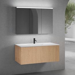 neoro n50 Unterschrank B: 120 cm mit 1 Auszug, mit glatter Eichenfront, Waschtisch mit 1 Hahnloch weiß matt, mit Spiegelschrank,