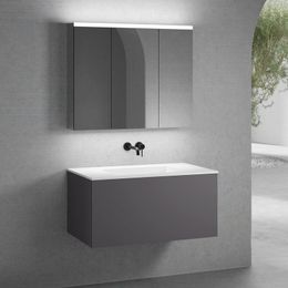 neoro n50 Unterschrank B: 100 cm mit 1 Auszug, Waschtisch ohne Hahnloch wei&szlig;, mit Spiegelschrank,, BN0097WH+BN0433GR+BN0474MI,