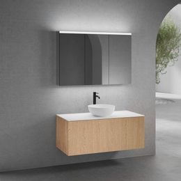 neoro n50 Unterschrank B: 120 cm mit 1 Auszug, mit glatter Eichenfront, Waschtisch Ø 40 cm weiß matt, Konsole weiß matt, mit Spiegelschrank,