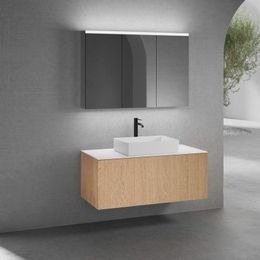 neoro n50 Unterschrank B: 120 cm mit 1 Auszug, mit glatter Eichenfront, Waschtisch B: 58 cm weiß matt, Konsole weiß matt, mit Spiegelschrank,