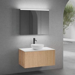 neoro n50 Unterschrank B: 100 cm mit 1 Auszug, mit glatter Eichenfront, Waschtisch &Oslash; 40 cm wei&szlig; matt, Konsole wei&szlig; matt, mit Spiegelschrank,