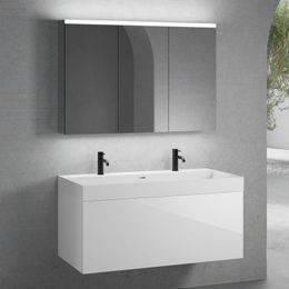 neoro n50 Unterschrank B: 120 cm mit 1 Auszug, Doppelwaschtisch mit 2 Hahnl&ouml;chern wei&szlig; matt, mit Spiegelschrank f&uuml;r die Schweiz,,