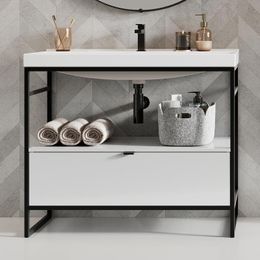 evineo ineo3 Waschtisch mit Waschtischunterschrank und Metallkonsole B: 101 cm, BE0411WH+BE0730BM+BE0760WH,
