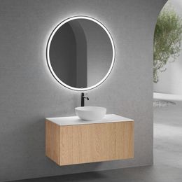 neoro n50 Unterschrank B: 100 cm mit 1 Auszug, mit glatter Eichenfront, Waschtisch &Oslash; 40 cm wei&szlig; matt, Konsole wei&szlig; matt, mit Spiegel,