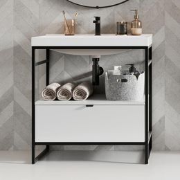 evineo ineo3 Waschtisch mit Waschtischunterschrank und Metallkonsole B: 81 cm, BE0410WH+BE0720BM+BE0750WH,