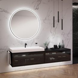 neoro n80 fumo Unterschrank B: 240 cm mit 2 Ausz&uuml;gen, mit Parsolglasfront, mit Spiegel, Waschtisch B: 120,5 cm, BN0145WM+2#BN0434SG+BN0407BM+BN0024MI,
