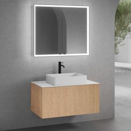 neoro n50 Unterschrank B: 100 cm mit 1 Auszug, mit glatter Eichenfront, Waschtisch B: 58 cm wei&szlig; matt, Konsole wei&szlig; matt, mit n60 Spiegelschrank,