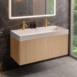 neoro n50 Unterschrank B: 120 cm mit 1 Auszug, mit glatter Eichenfront, Doppelwaschtisch cube, BN0434BFO+BN0141WM,